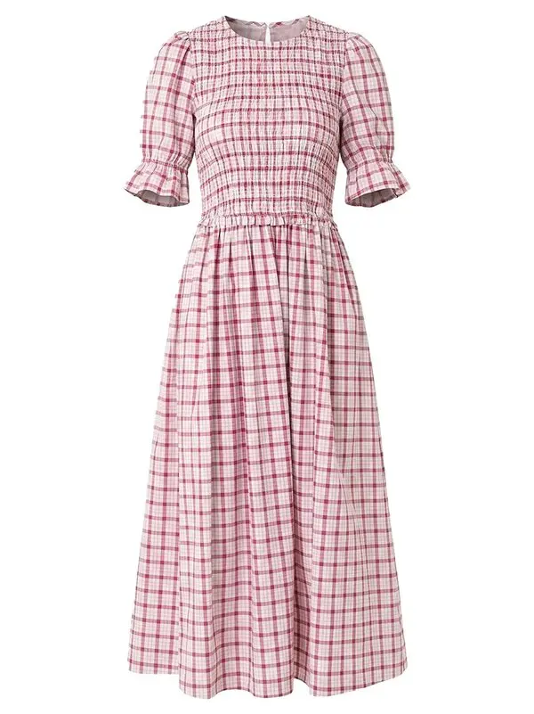 AMY LYNN Imogen Cotton & White Window Pane Check Midaxi Dress - Red