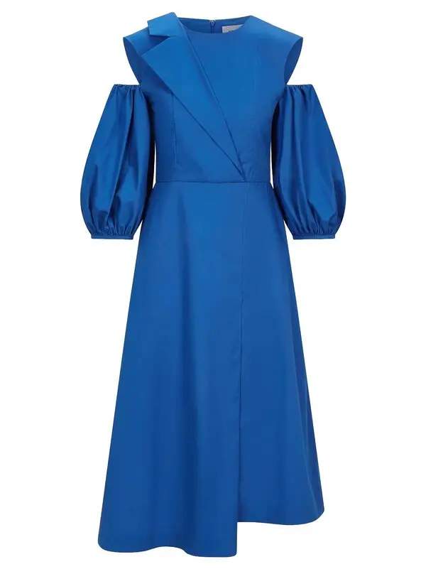 FEMPONIQ Asymmetric Lapel A-line Cotton Dress Sapphire - Blue