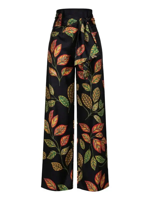 MARIANNA DÉRI Wide-leg Trousers With Leaf Print And Tie Belt - Black