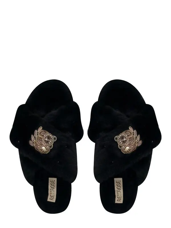 RETTROSE Ember Luxury Plush Diamanté Embellished Handmade Slipper - Black