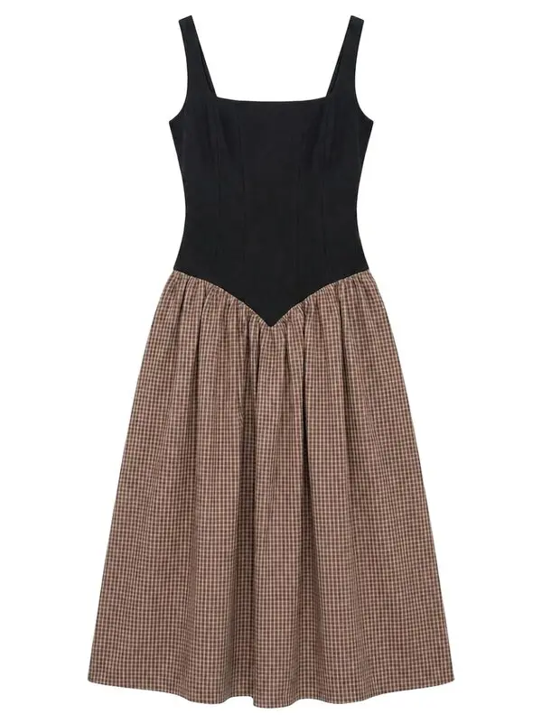Carmen Says Rove Contrast Bodice Brown Plaid Midi Dress - Black