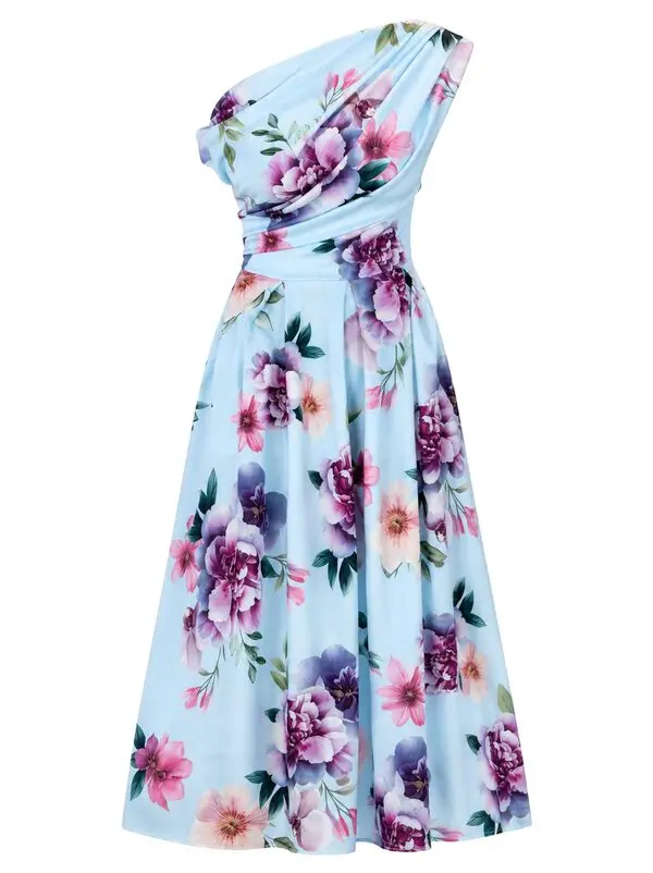 GIRL IN MIND Betty Asymmetric Neckline Skater Midi Dress Print - Blue