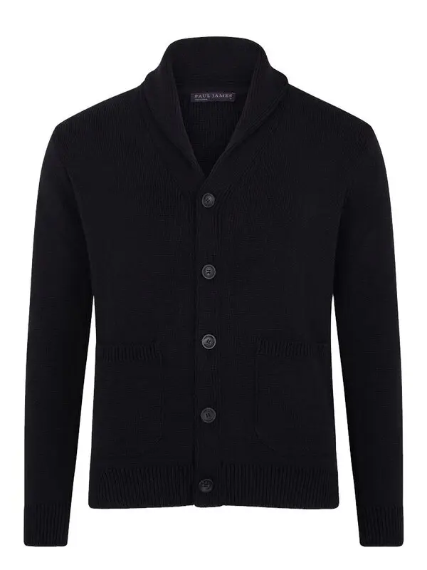 PAUL JAMES KNITWEAR Midweight Cotton Shawl Collar Sebastian Cardigan - Black