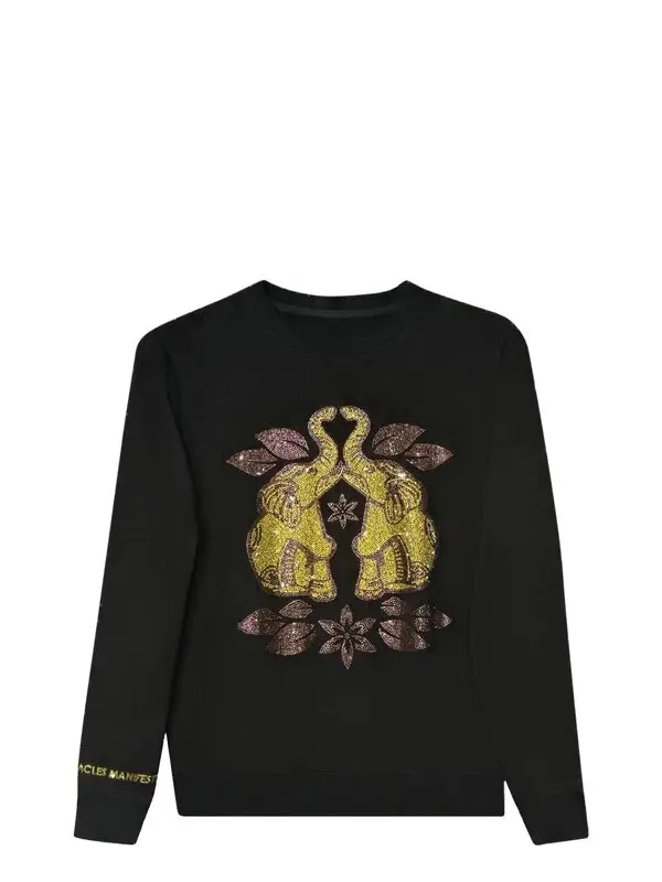 MIRACLES MANIFESTER Elephants Love Symbol Lucky Feng Shui Rhinestoned Sweatshirt - Black