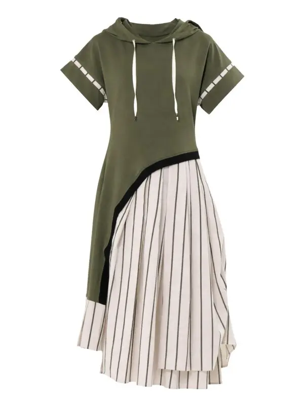 METAMORPHOZA Hooded Asymmetric Dress With Striped Skirt In Khaki - Green