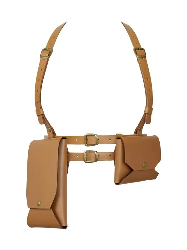 BADASS & GODDESS LEATHER Set Of Real Leather Harness Athena With Two Pouches - Brown