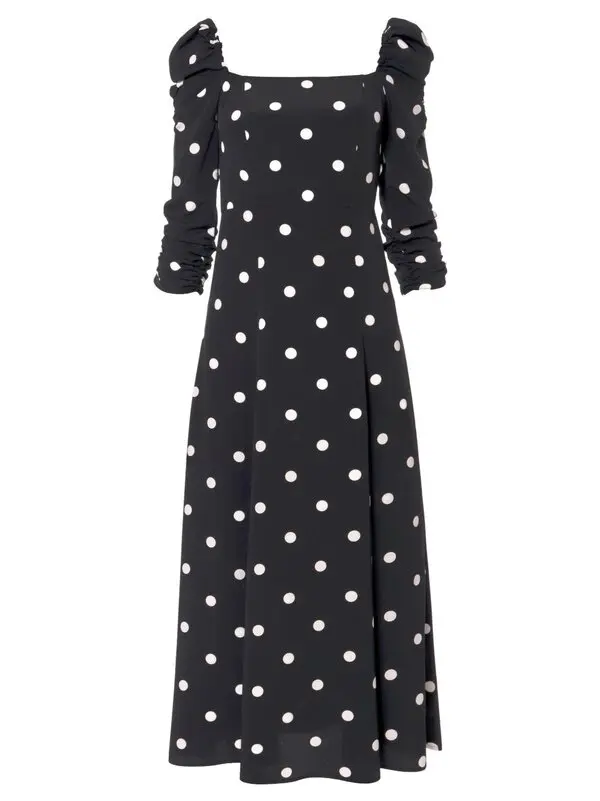 AGGI BY HALEWSKI Amelie Walking Dots Puffed Sleeves Midi Dress - Black