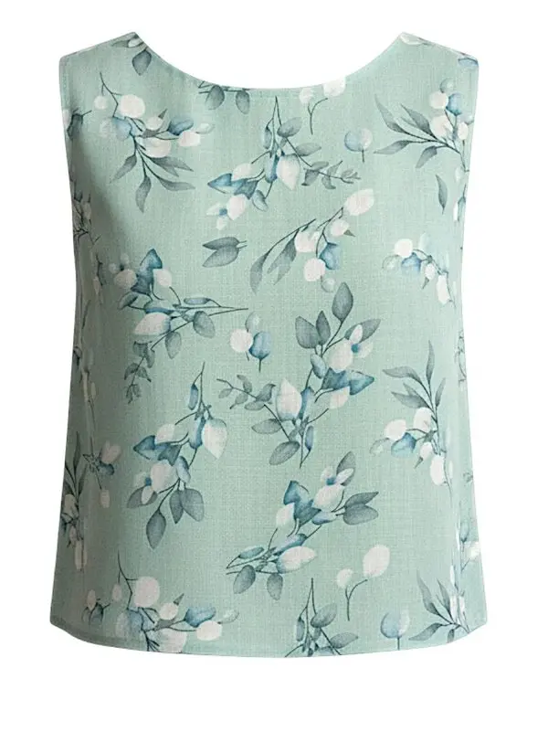 STOVARIA Mint Sleeveless Top In Pure Linen With Soft Floral Print - Green