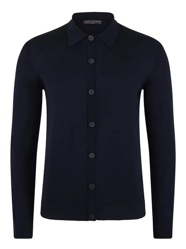 PAUL JAMES KNITWEAR Extra Fine Merino Wool Cassiuss Polo Cardigan Navy - Blue