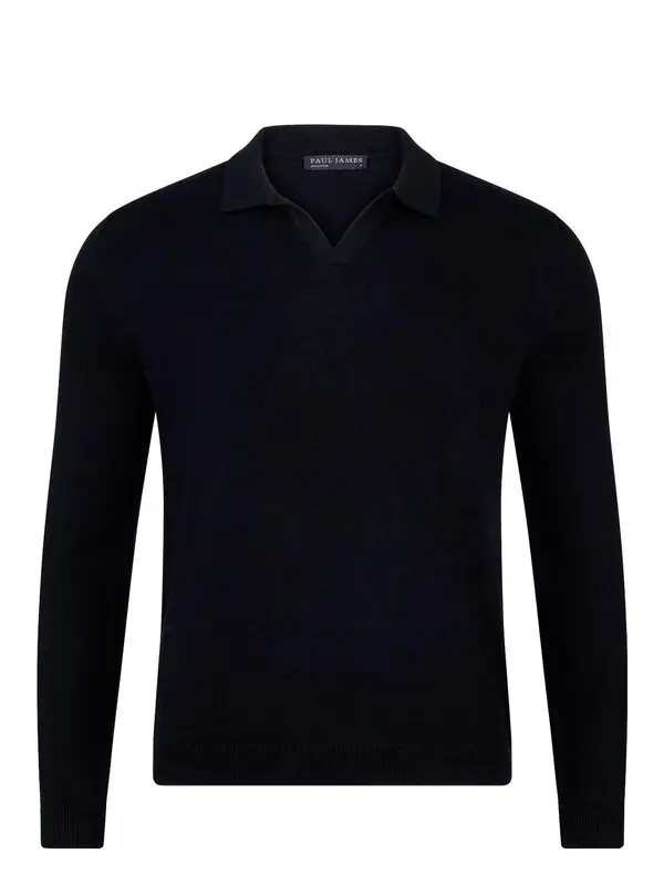 PAUL JAMES KNITWEAR Lightweight Cotton Lyndon Buttonless Polo Shirt - Black