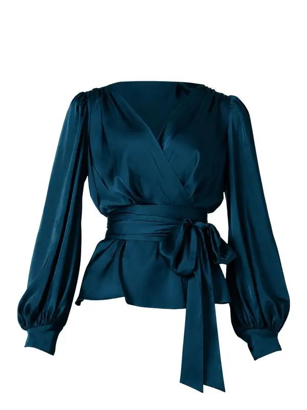SACHA DRAKE Satin Faux Wrap Top In Peacock - Blue