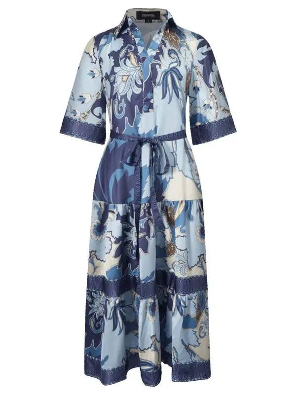 SMART AND JOY Midi Shirt Dress With Artistic Print And Tied Belt - Blue