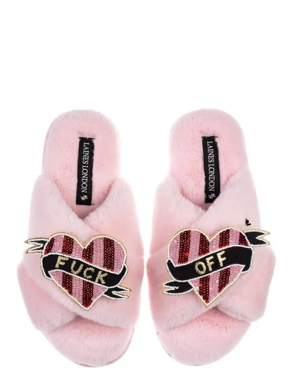 LAINES LONDON Classic Laines Slippers With & Red Stripe Heart Fuck Off Brooches - Pink