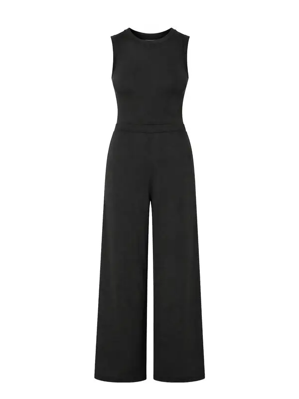 OH!ZUZA NIGHT&DAY Ribbed Set Fitted Top & Wide-leg Trousers - Black