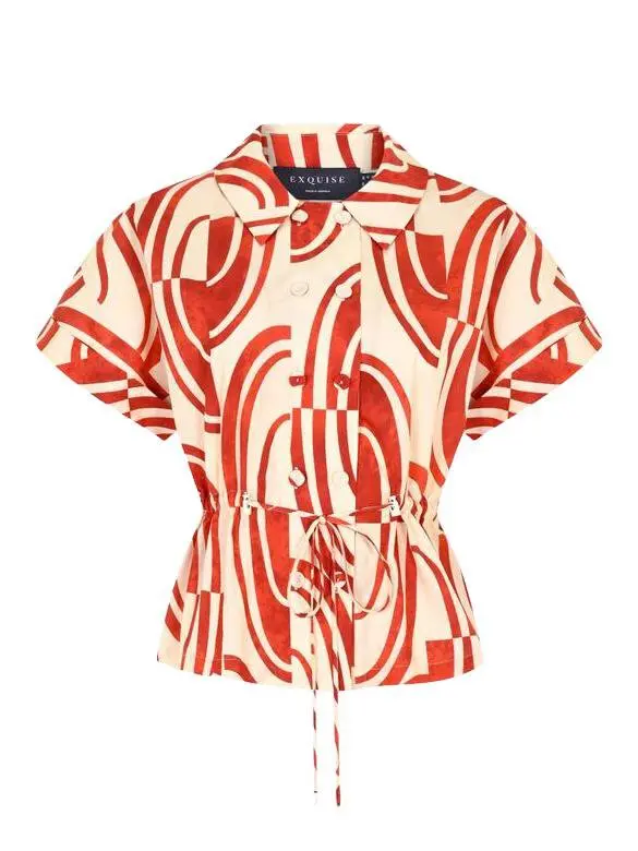 EXQUISE Regular Lace-up Abstract Print Cotton Shirt - Red