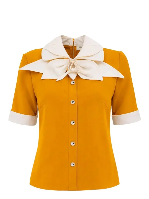 JULIA ALLERT Short Sleeve Formal Bow Blouse Mustard - Orange
