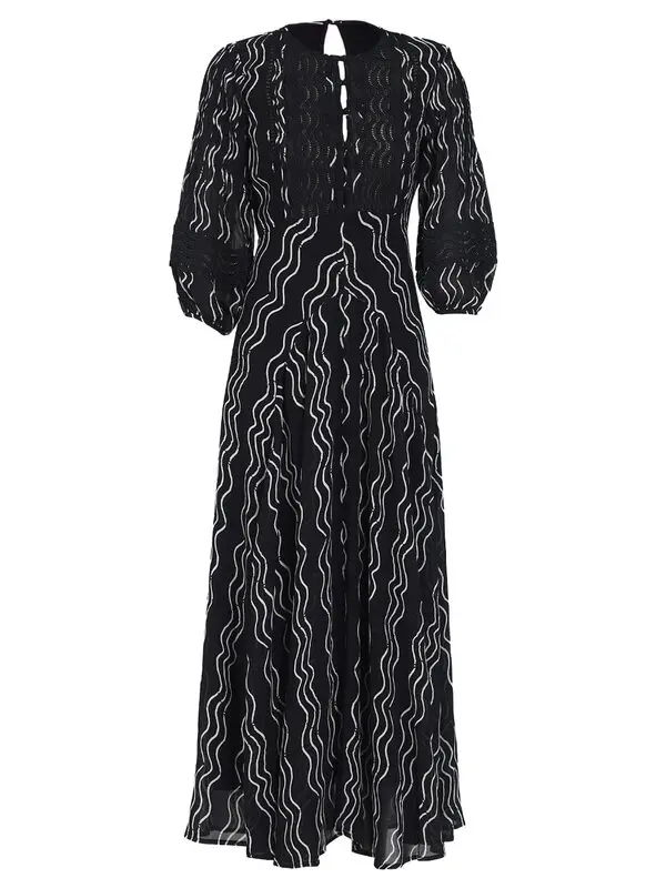 ROSE & NANCY Corinne & White Waves Print Lace Trim Maxi Dress - Black
