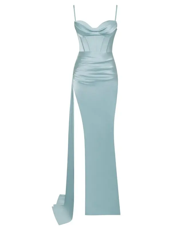 MISS CIRCLE NEW YORK Elayna Pale Strappy Satin Corset High Slit Gown - Blue