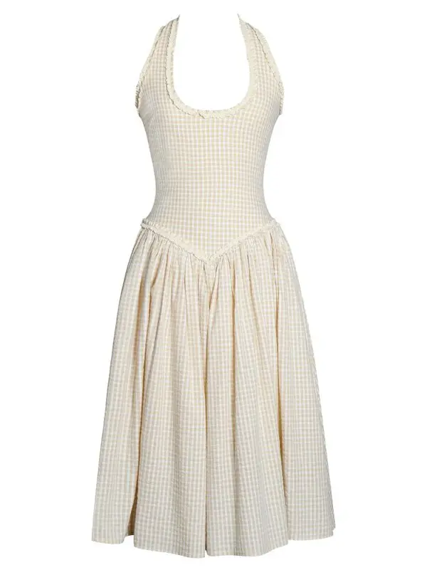 MISS CIRCLE NEW YORK Idella Gingham U Neck Midi Dress - Yellow