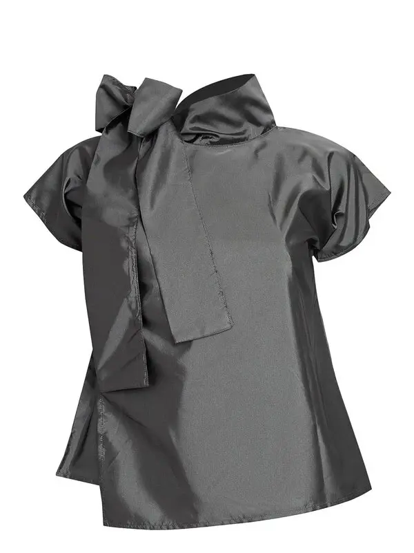 BIANCA POPP Halves Shoulder Ribbon Asymmetrical Blouse In Taffeta - Silver
