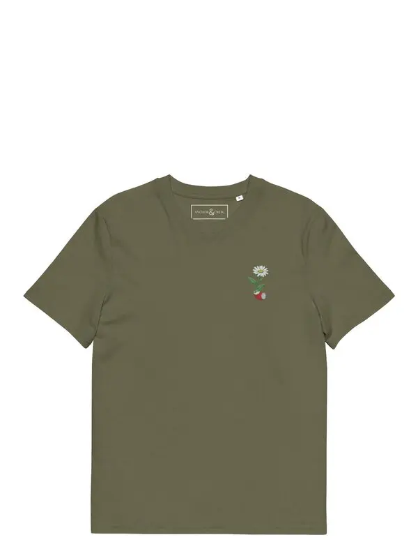 ANCHOR & CREW Khaki Daisy Garden Dystopia Organic Cotton Embroidered T-shirt - Green