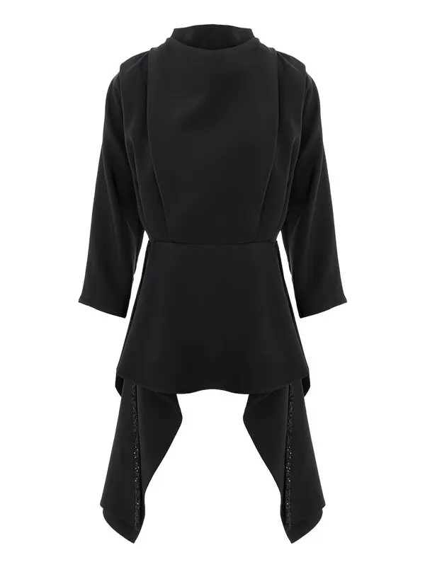 CONCEPT A TROIS Elegant Top With Peplum And Pleats With Sequined Details - Black