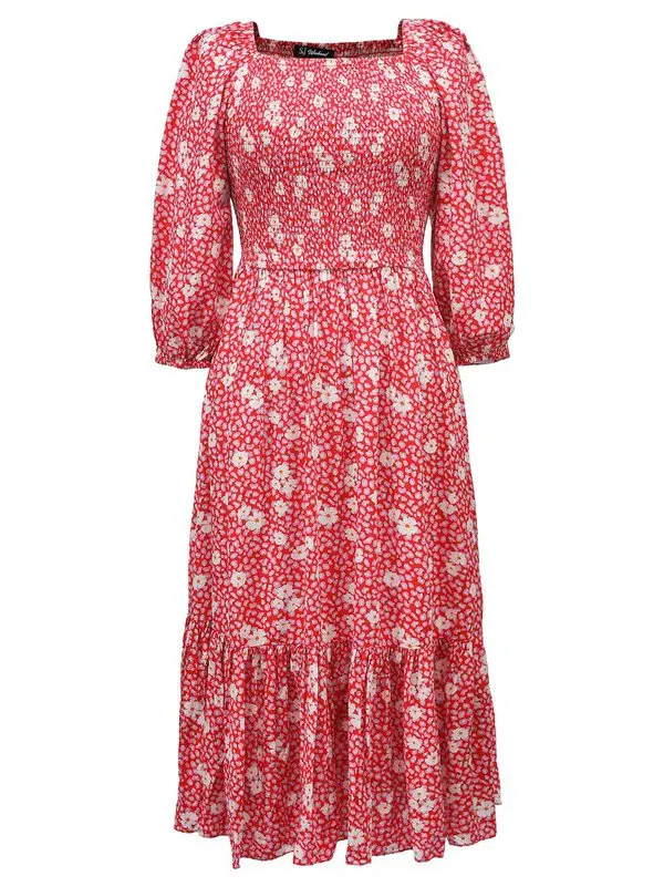 SMART AND JOY Smocks Fla Dress With Flower Print - Red