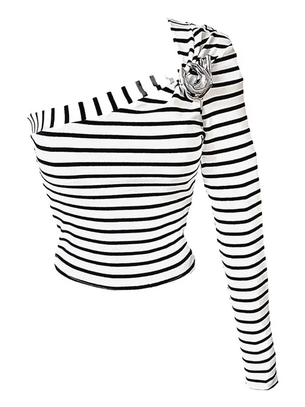 LONDON ATELIER BYPRODUCT Striped One Sleeve Top With Brooch - White
