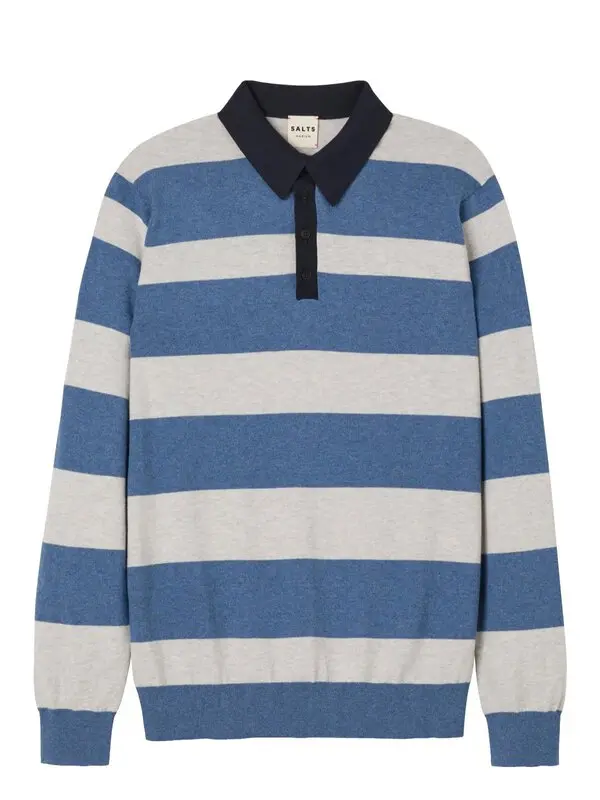 SALTS CASHMERE Long Sleeved Rugby Stripe Polo Shirt Denim Blue & Silver - Blue/gray