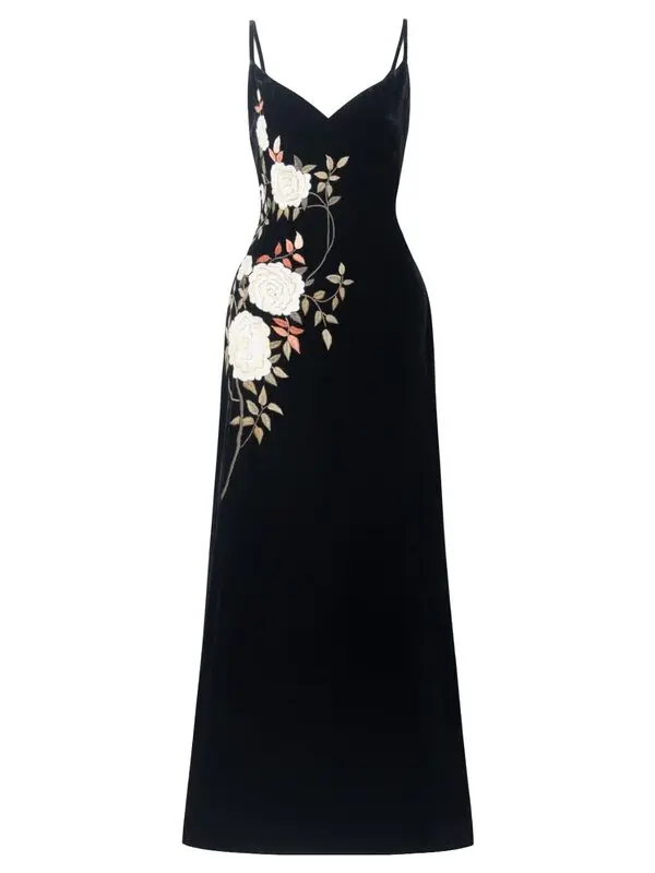 SILK AND BEARS Hand-embroidered Rose Silk Velvet Evening Dress - Black