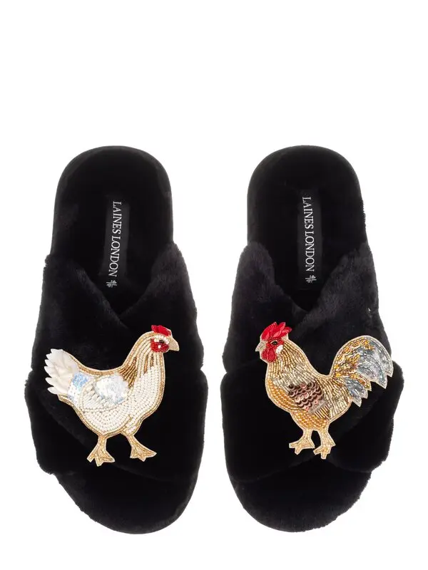 LAINES LONDON Classic Laines Slippers With Chicken & Rooster Brooches - Black