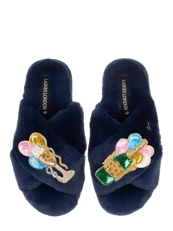 LAINES LONDON Classic Laines Slippers With Birthday Bubbles Brooches Navy - Blue