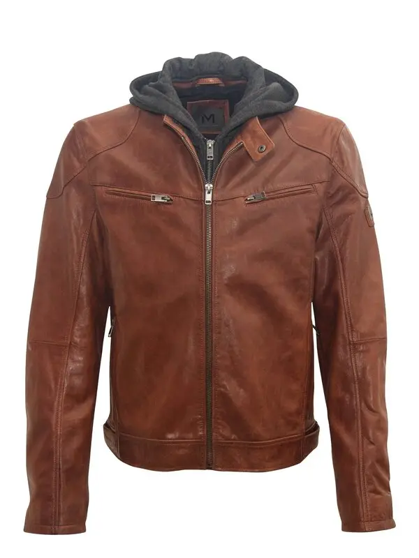 Mauritius Removable Hood Leather Jacket Biko Cognac - Brown