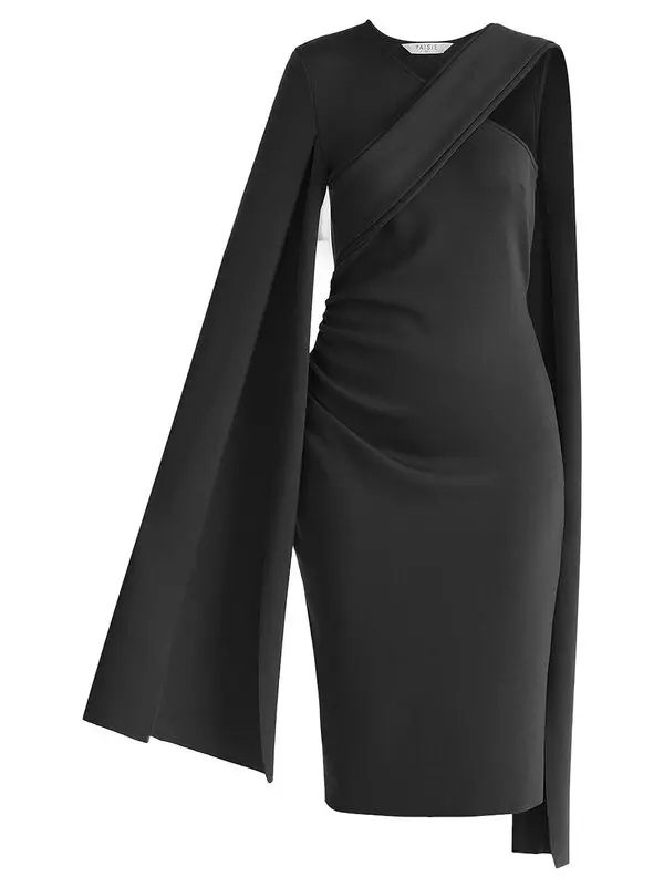 PAISIE Asymmetric Draped Cape Sleeve Dress - Black