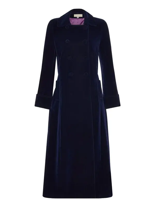 GUINEA Long Navy Velvet Coat Boho Glamour - Blue