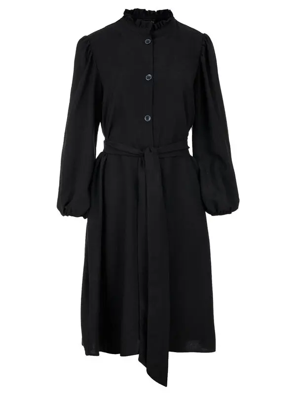 CONQUISTA Belted Long Sleeve Dress - Black