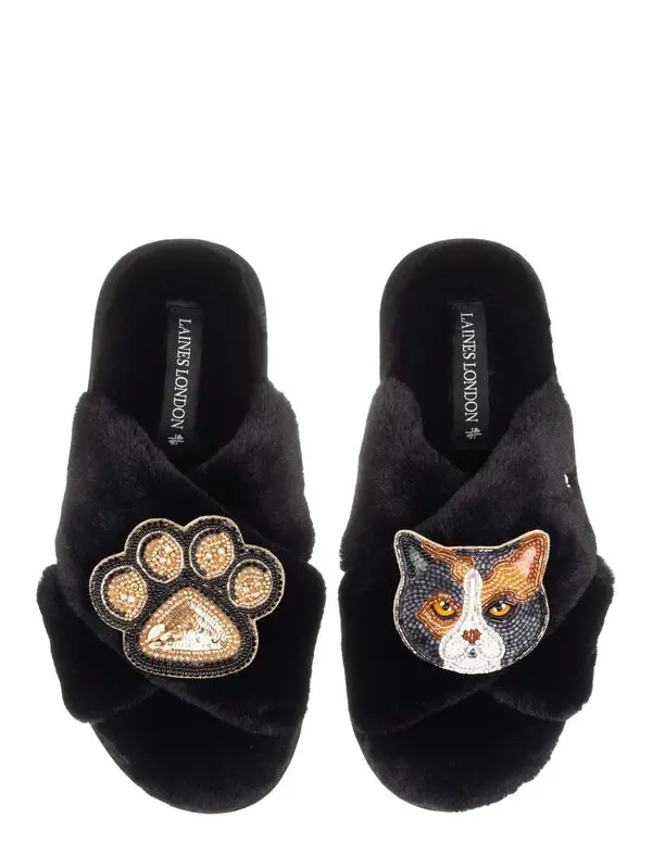LAINES LONDON Classic Laines Slippers With Paw & Calico British Shorthair Cat Brooches - Black