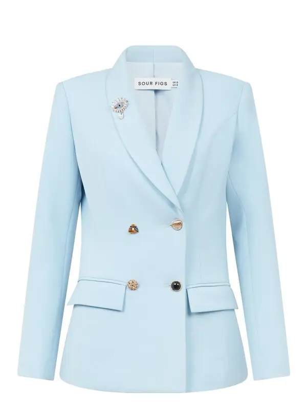 SOUR FIGS Evil Eye Brooch Tailored Blazer With Collector's Buttons In Powder - Blue