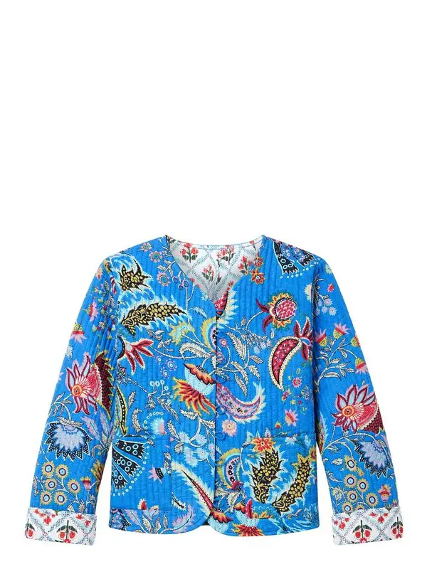 YUMI Boho Print Cotton Reversible Quilted Jacket - Blue