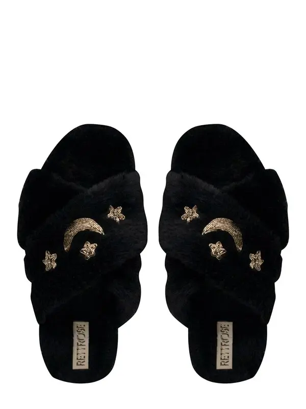 RETTROSE Isabel Luxury Plush Diamanté Embellished Handmade Slipper - Black