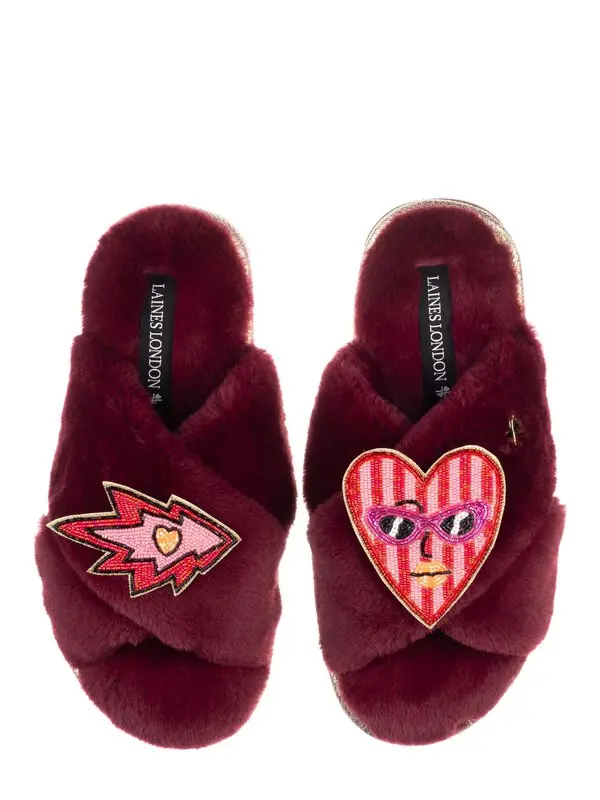 LAINES LONDON Classic Laines Slippers With Electric Love Brooches Burgundy - Red