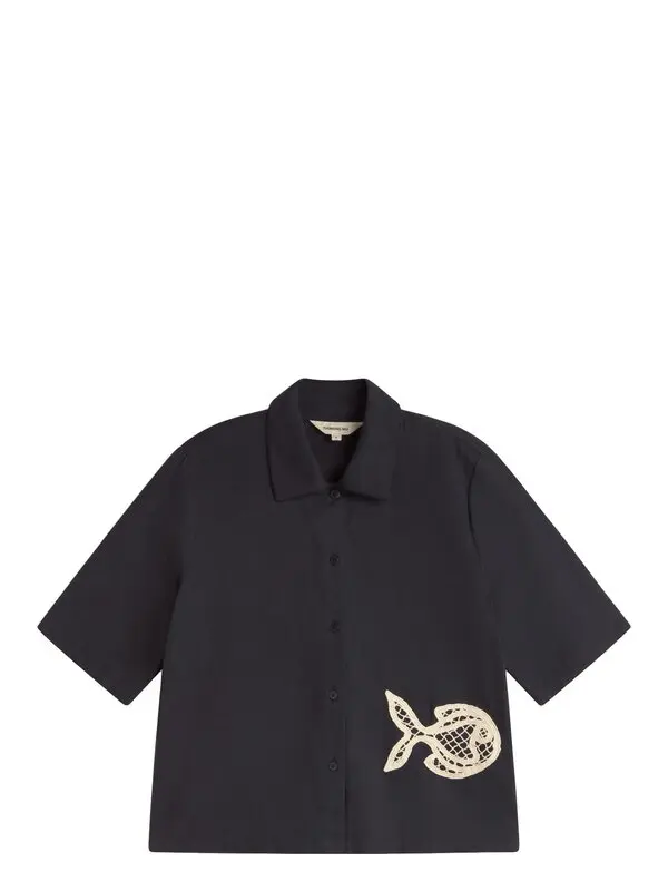 THINKING MU Blouse Patched Hand Embroidered Fish Ane - Blue