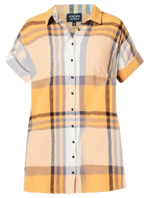 KNOWN SUPPLY Flannel Shirt Dress Amaris Apricot Plaid - Orange