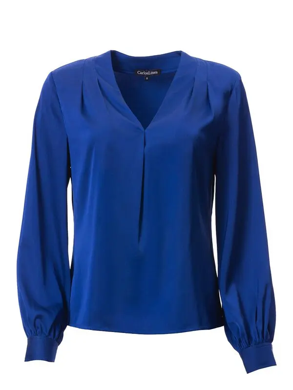 CARLOSLINES V-neck Pleat Detail Balloon Long Sleeve Blouse In Cobalt Solid - Blue