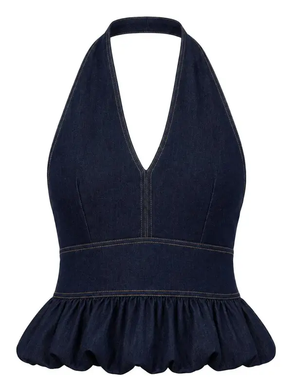 Carmen Says Denim Fawn Balloon Halter Top - Blue