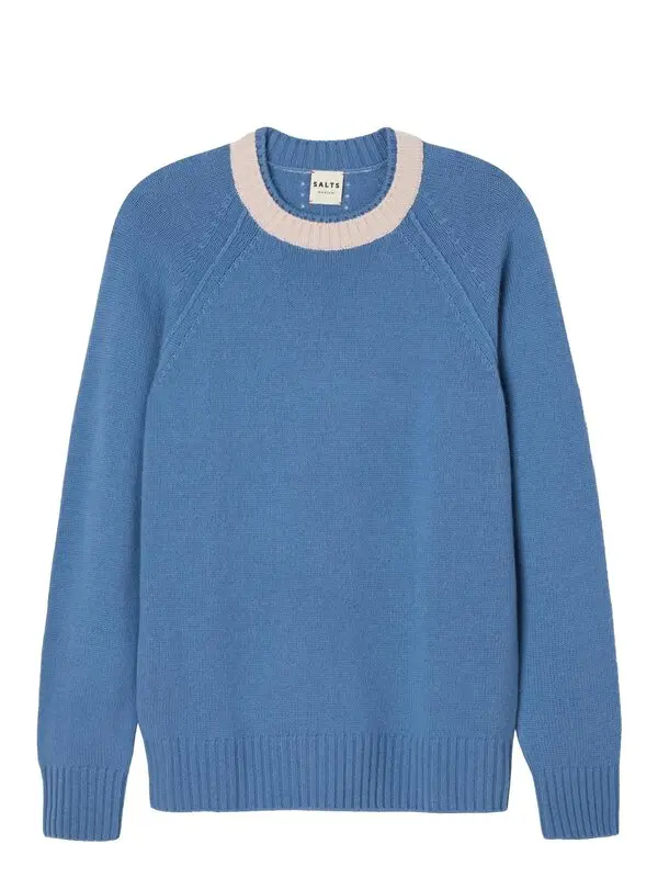 SALTS CASHMERE Double Neck Trim Crew Neck Sweater - Blue