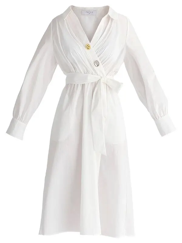 PAISIE Wrap Midi Shirt Dress With Metallic Button Details - White