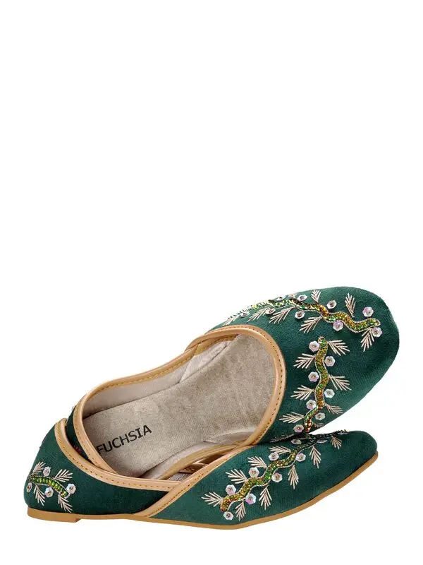 FUCHSIA SHOES Rania Handcrafted Embroidered Velvet Jutti Flats Dark - Green