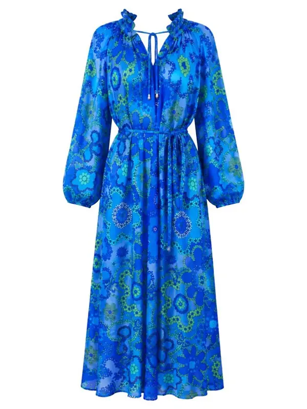 INTROVERTIE VIENNA Alegria Silk Cotton Kaftan Dress Bloom Azure - Blue