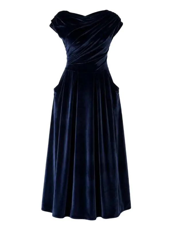 GIRL IN MIND Betty Asymmetric Neckline Skater Midi Navy Velvet - Blue